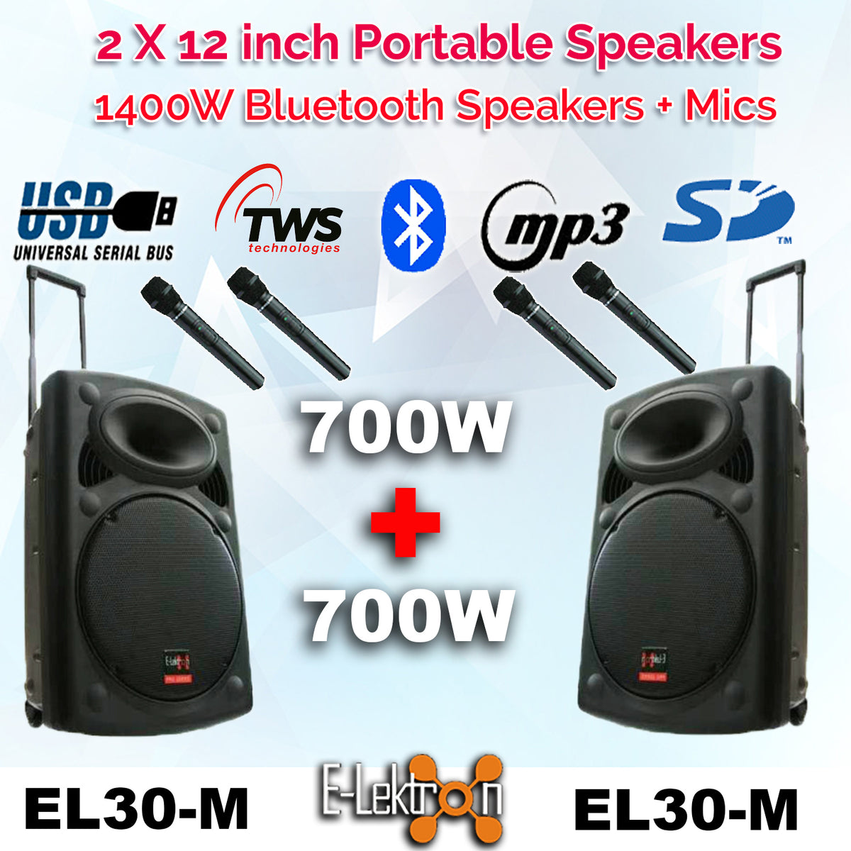 E-lektron EL30-M Package 2 X 12" inch 1400W Bluetooth 5.0 TWS linkable ...